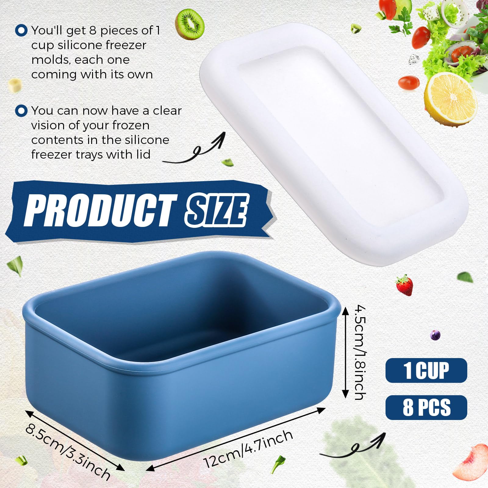 Nuogo 8 Pcs 1 Cup Silicone Freezer Trays with Lid Silicone Soup Molds Rectangle Soup Freezer Containers Reusable Food Preserving Tray Ice Trays for Soups Sauces Stews(Dark Blue)