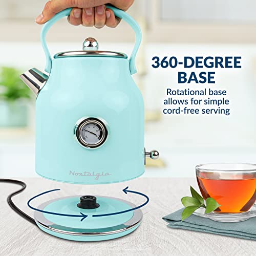 Nostalgia Retro Stainless Steel Electric Tea and Water Kettle, 1.7 Liters, Auto-Shut Off & Boil-Dry Protection, Water Level Indicator Window, Aqua