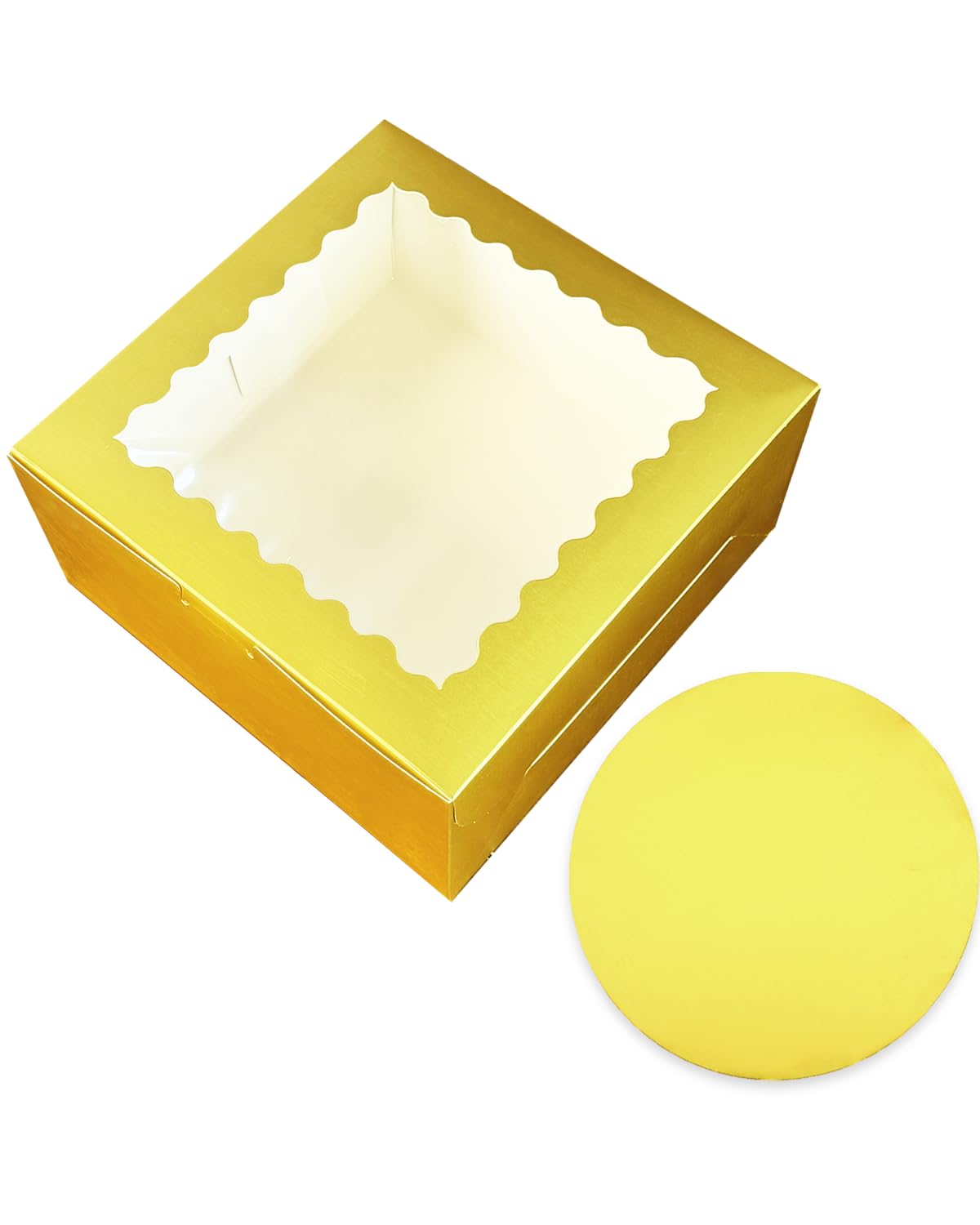 Bakepacker Matte Gold 18-Packs Cake Boxes with Windows, 10x10x5 inch 18pcs Cake Container, 10 Inch 18pcs Cake Carrier Boxes with Matte Gold Cake Boards Included