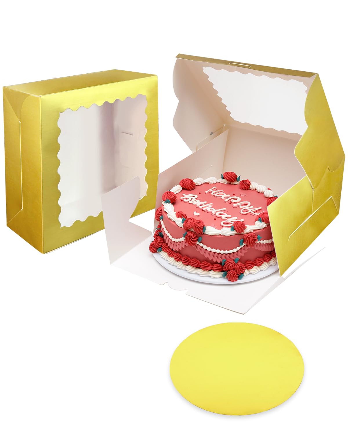 Bakepacker Matte Gold 18-Packs Cake Boxes with Windows, 10x10x5 inch 18pcs Cake Container, 10 Inch 18pcs Cake Carrier Boxes with Matte Gold Cake Boards Included