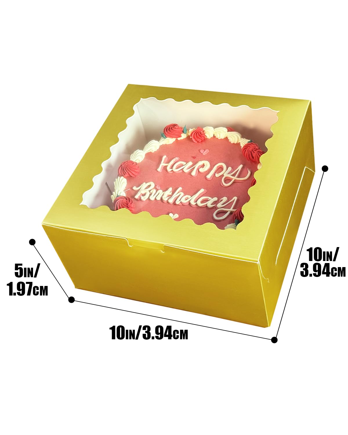 Bakepacker Matte Gold 18-Packs Cake Boxes with Windows, 10x10x5 inch 18pcs Cake Container, 10 Inch 18pcs Cake Carrier Boxes with Matte Gold Cake Boards Included