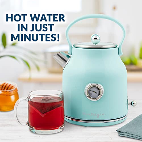 Nostalgia Retro Stainless Steel Electric Tea and Water Kettle, 1.7 Liters, Auto-Shut Off & Boil-Dry Protection, Water Level Indicator Window, Aqua