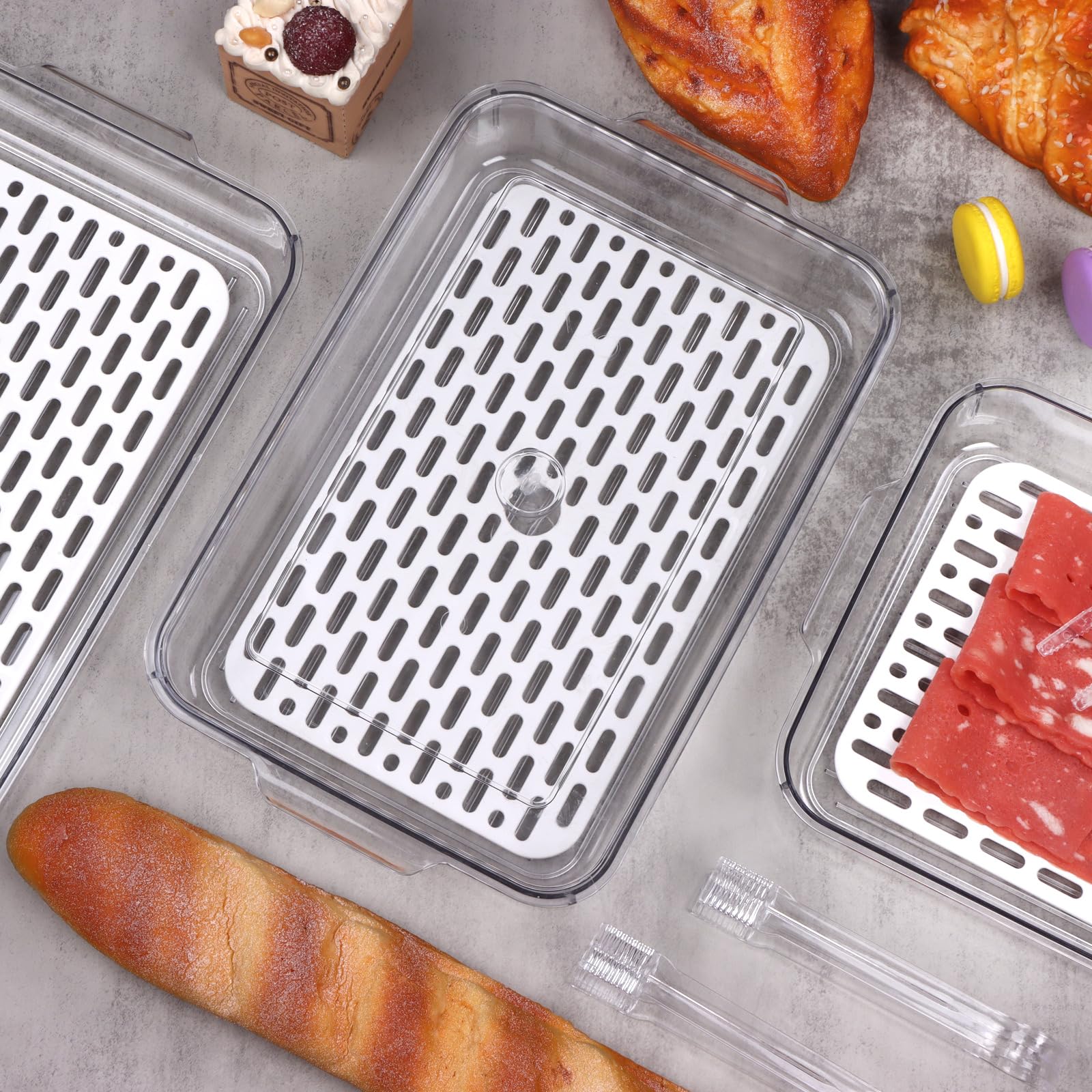 Furbeko 3 Pcs Bacon Keeper Deli Meat Container for Fridge Bacon Holder Bacon Storage Container with Lids for Refrigerator Plastic Cold Cuts Cheese Storage Organizer Bacon Saver with 3 Serving Tongs
