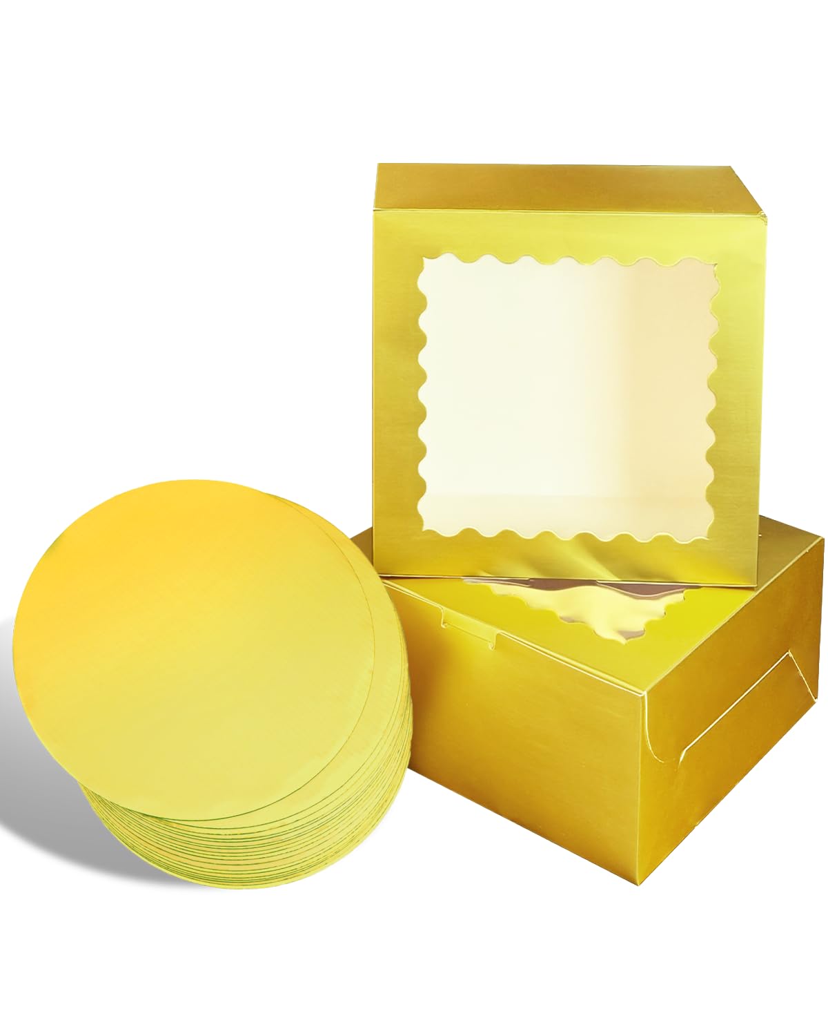 Bakepacker Matte Gold 18-Packs Cake Boxes with Windows, 10x10x5 inch 18pcs Cake Container, 10 Inch 18pcs Cake Carrier Boxes with Matte Gold Cake Boards Included