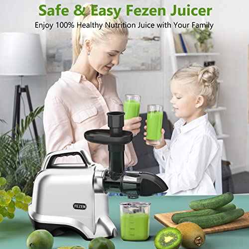 FEZEN Slow Masticating Juicer for Cold Press, Easy to Clean & Use, Celery Juice Extractor, Wheatgrass Juice Extractor, High Juice Yield & Fresh Taste (Silver)