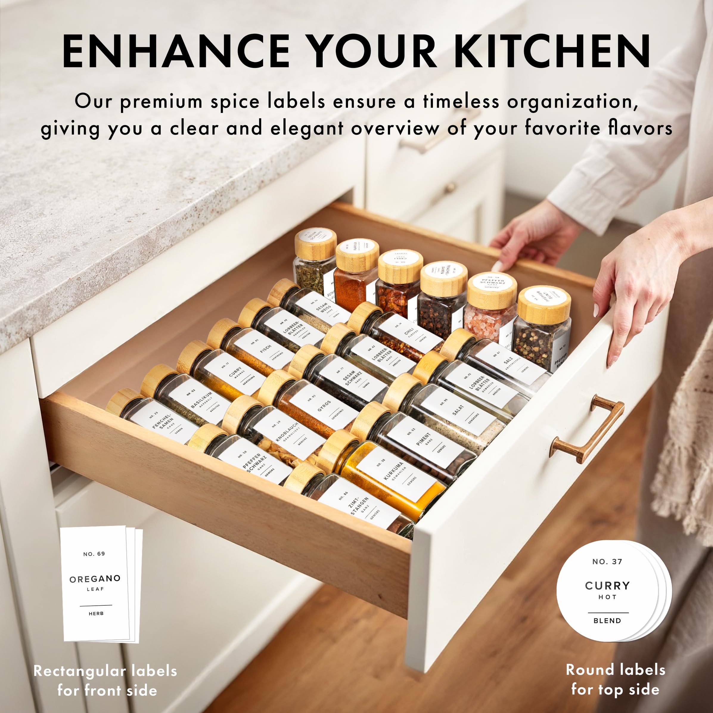 EDELHAUS Glass Spice Jars with Label and Bamboo Lids (24 x 4oz) Spice Containers with 240 Labels, Shaker Inserts, Steel Funnel, Empty Square Seasoning Organizer for Spice Rack, Cabinet, Drawer