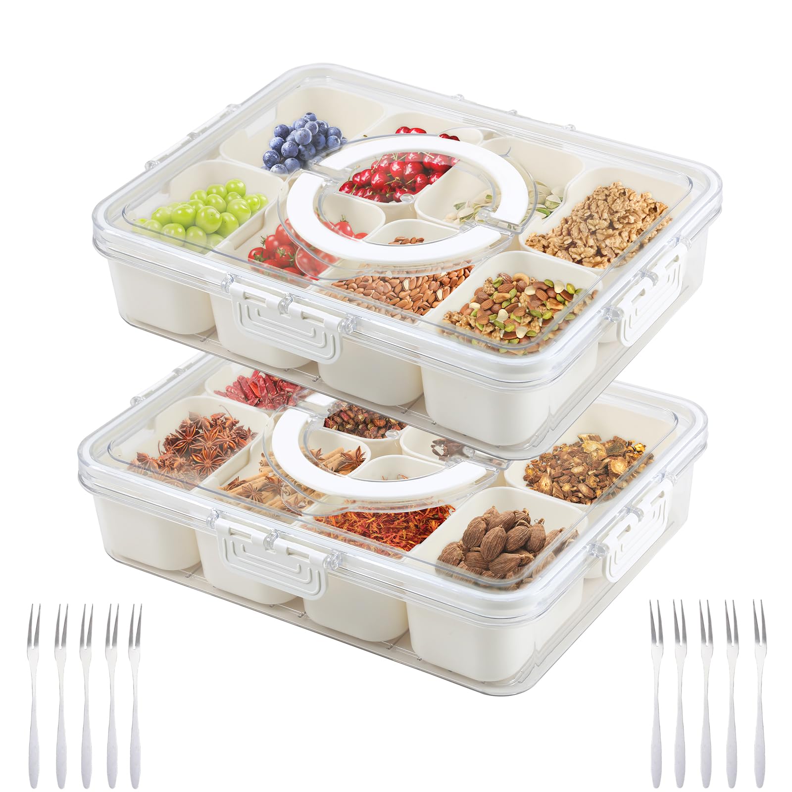 Uideyvi 2PCS Divided Serving box With Lid and Handle, Snack Containers With Dividers and Lids, Candy, Spices, Fruits (With 10 Fruit Forks), Snacks Storage Containers, Convenient to Carry Out.