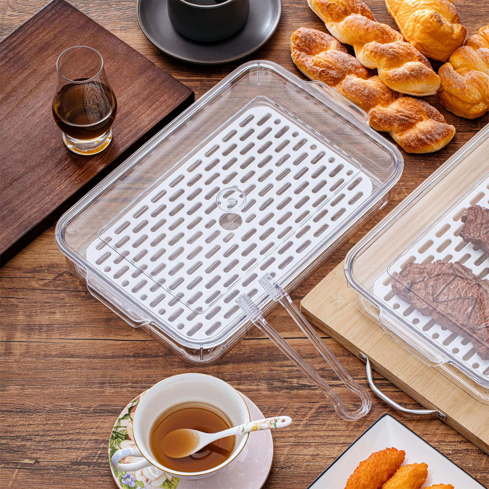 2 Pcs Bacon Storage Container for Refrigerator with Tong, Bacon Deli Meat Storage Container with Perforated Tray for Freshness, Clear Plastic Meat Saver for Fridge Food