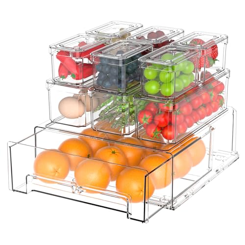 BOICHU 10Pack Fridge Organizer Bins - 3Size Clear Refrigerator Organizers and Storage with Lids and Refrigerator Drawer, Stackable Fruit Storage Containers for Fridge Keep Fruit and Vegetable Fresh