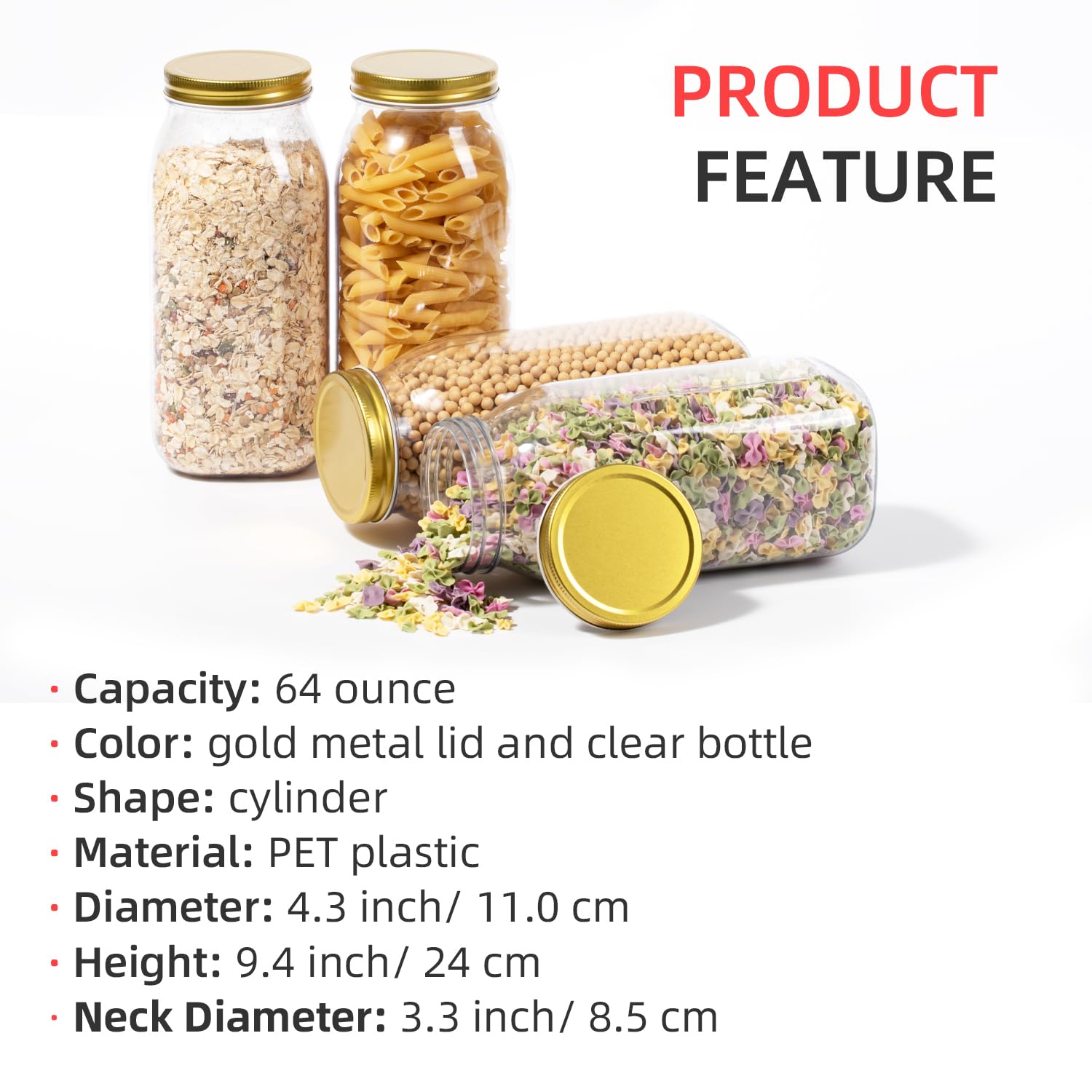 OMNISAFE 64 Ounce Clear Plastic Mason Jars With Screw On Lid, Reusable Empty Jars for Food Storage, BPA Free Containers for Sealing, Dry Food, Snacks, Candies, Breakage-proof, (Gold - 4 Pack)