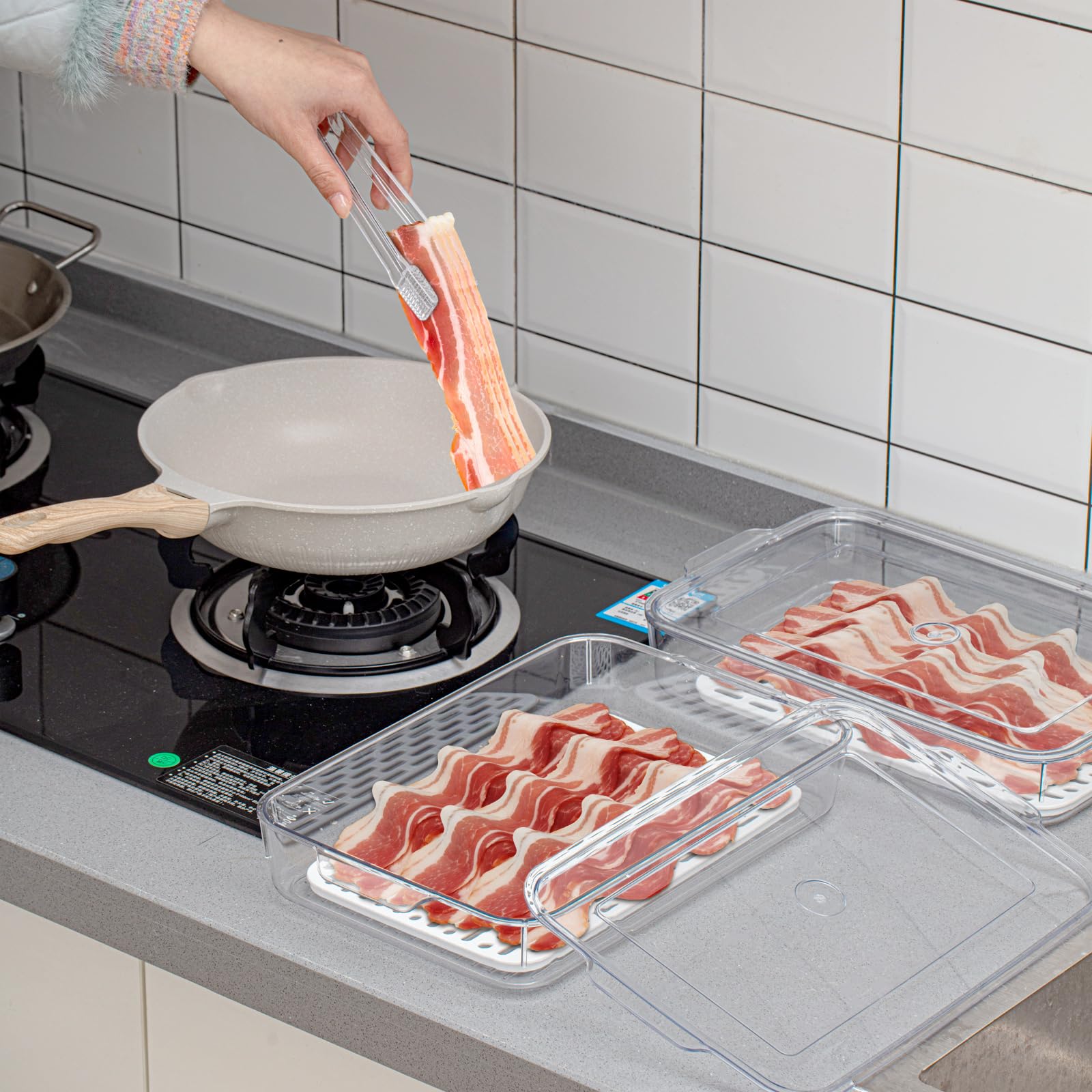 2 Pcs Bacon Storage Container for Refrigerator with Tong, Bacon Deli Meat Storage Container with Perforated Tray for Freshness, Clear Plastic Meat Saver for Fridge Food