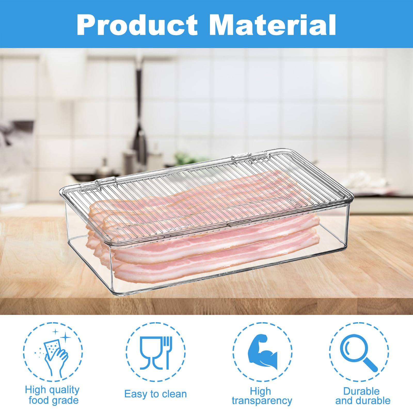 Wensdr Bacon Container with Serving Tong for refrigerator Cheese Storage Container with Lid Large Capacity Plastic Lunch Meat Container