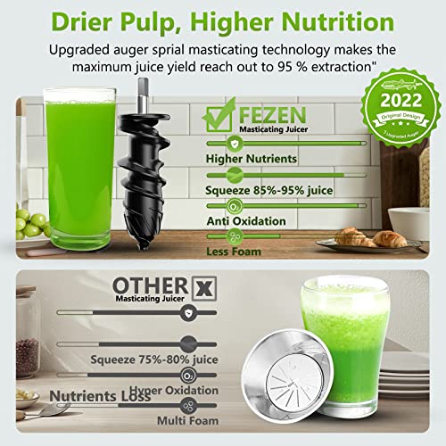 FEZEN Slow Masticating Juicer for Cold Press, Easy to Clean & Use, Celery Juice Extractor, Wheatgrass Juice Extractor, High Juice Yield & Fresh Taste (Silver)