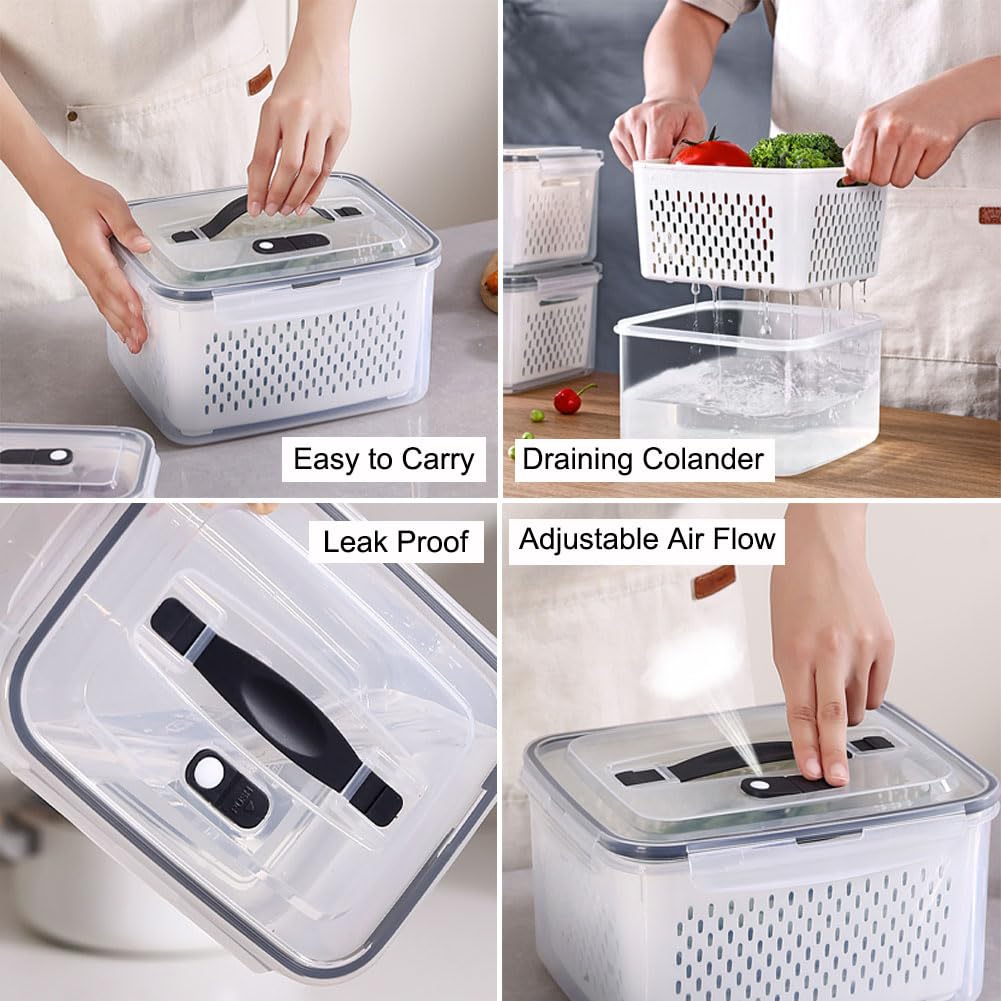 sengcou 10 PCS Fruit Storage Containers For Fridge, Produce Vegetable Saver Container with Lids Colander Vent Handle BPA-Free Large Size, Keep Fruits Veggie Food Meat Fresh