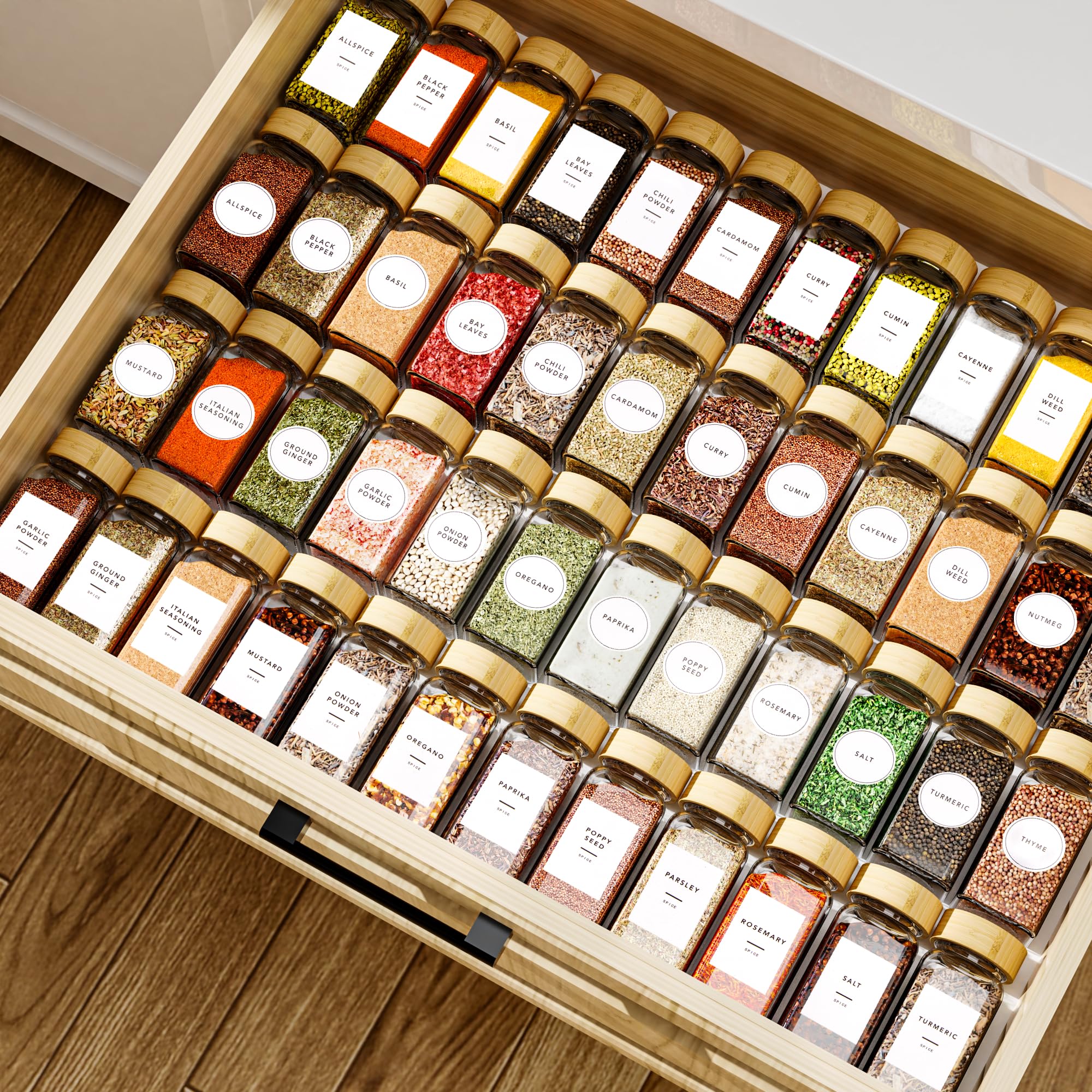 24 Glass Spice Jars with Label, Spice Jar Set with Bamboo Lids 4oz Seasoning Containers Shakers & Spice Labels, Empty Spice Bottles, Kitchen Organization Storage for Cabinet Drawer Decor Essentials
