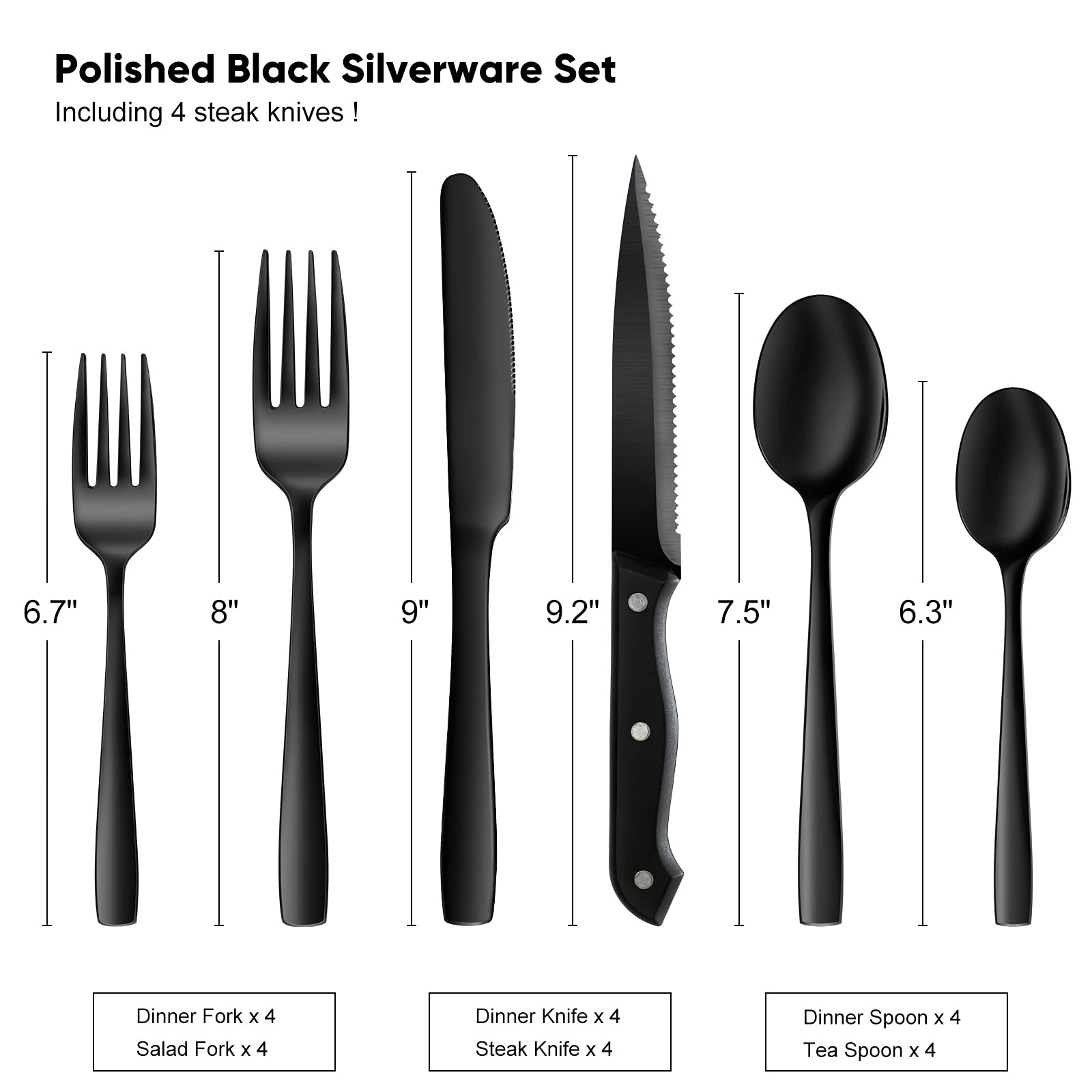 NETANY 24 Pieces Black Silverware Set, Black Flatware Set, Food-Grade Stainless Steel Cutlery Set for 4, Tableware Eating Utensils, Mirror Finished, Dishwasher Safe