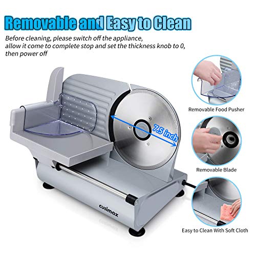 CUSIMAX Meat Slicer Electric Food Slicer with 7.5” Removable Stainless Steel Blade and Pusher, Deli Cheese Fruit Vegetable Bread Cutter, Adjustable Knob for Thickness, Food Carriage & Non-Slip Feet