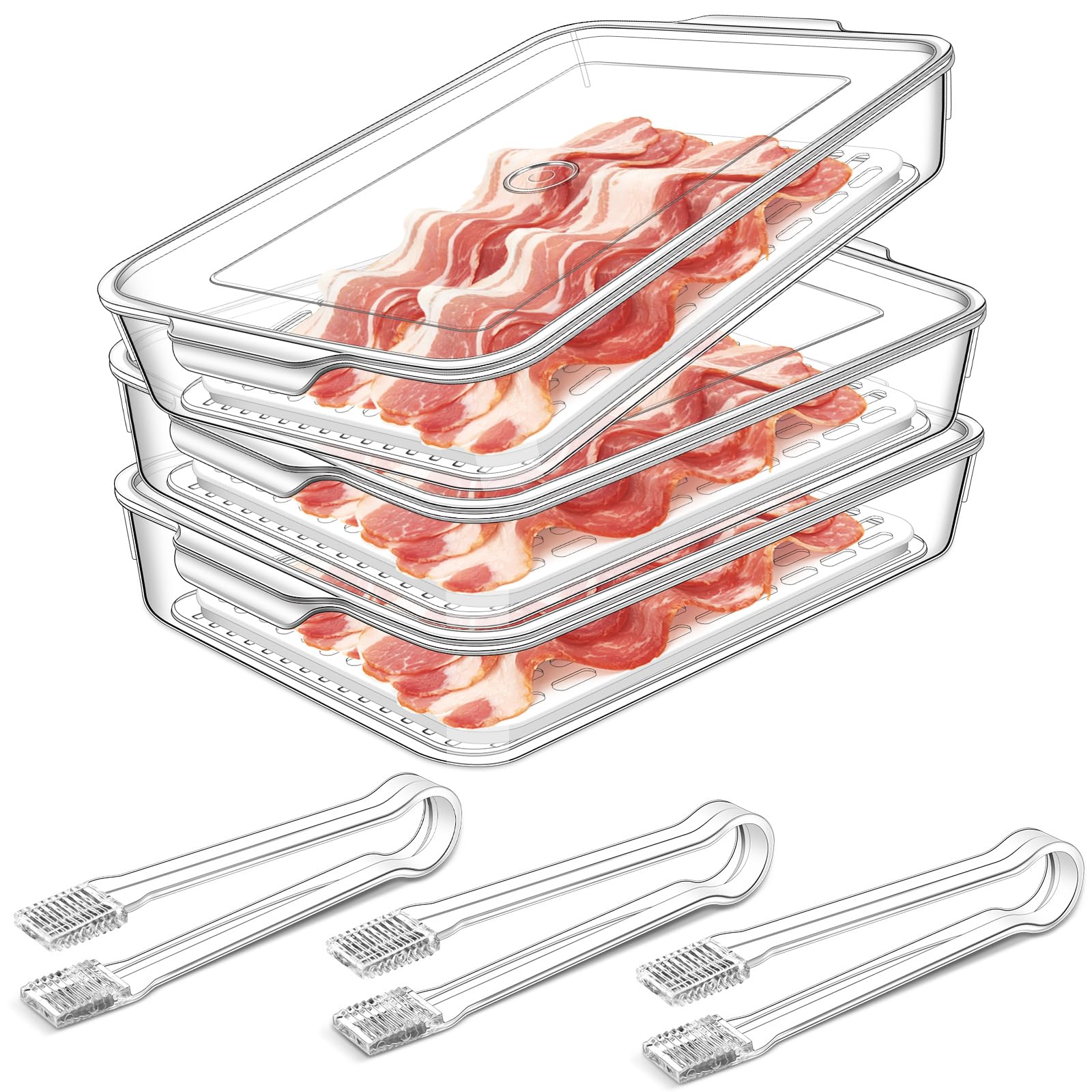 Furbeko 3 Pcs Bacon Keeper Deli Meat Container for Fridge Bacon Holder Bacon Storage Container with Lids for Refrigerator Plastic Cold Cuts Cheese Storage Organizer Bacon Saver with 3 Serving Tongs