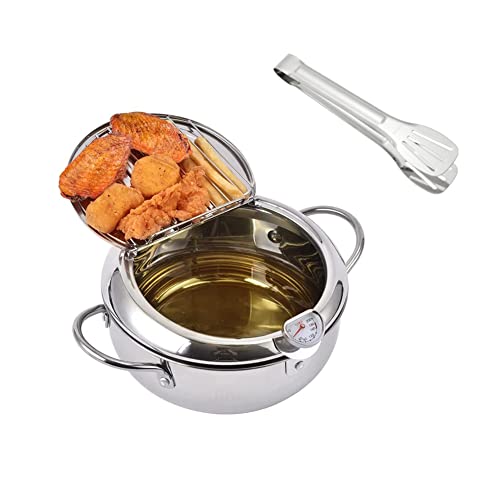 Wrqqwsy 9.45inch Deep Fryer Pot(°F), 3.4L Japanese Tempura Small Deep Frying Pot with Fahrenheit Thermometer, 304 Stainless Steel Deep Fryer with Oil Draining Rack for Tempura chips, Fries, Fish, and Chicken