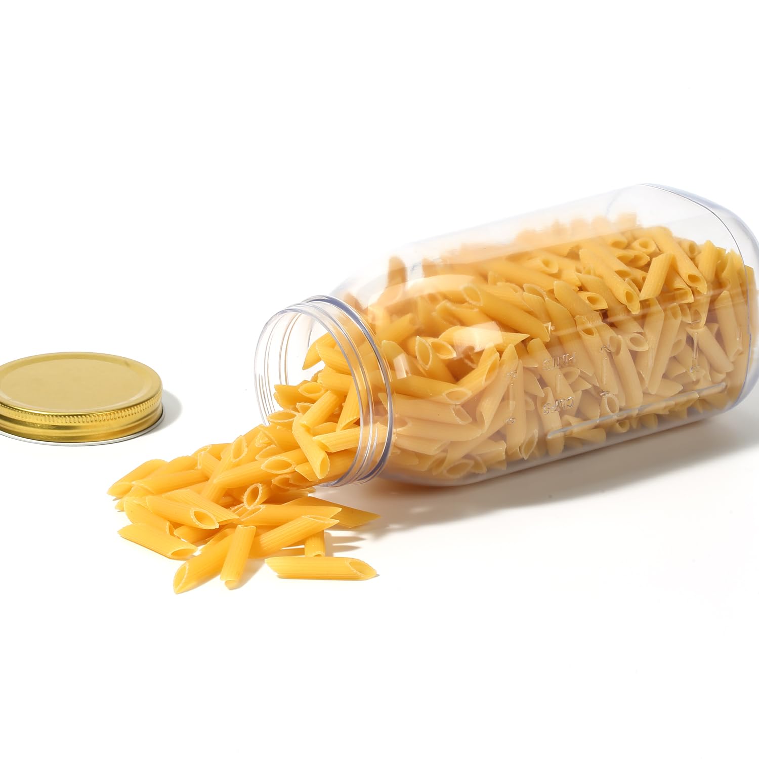 OMNISAFE 64 Ounce Clear Plastic Mason Jars With Screw On Lid, Reusable Empty Jars for Food Storage, BPA Free Containers for Sealing, Dry Food, Snacks, Candies, Breakage-proof, (Gold - 4 Pack)