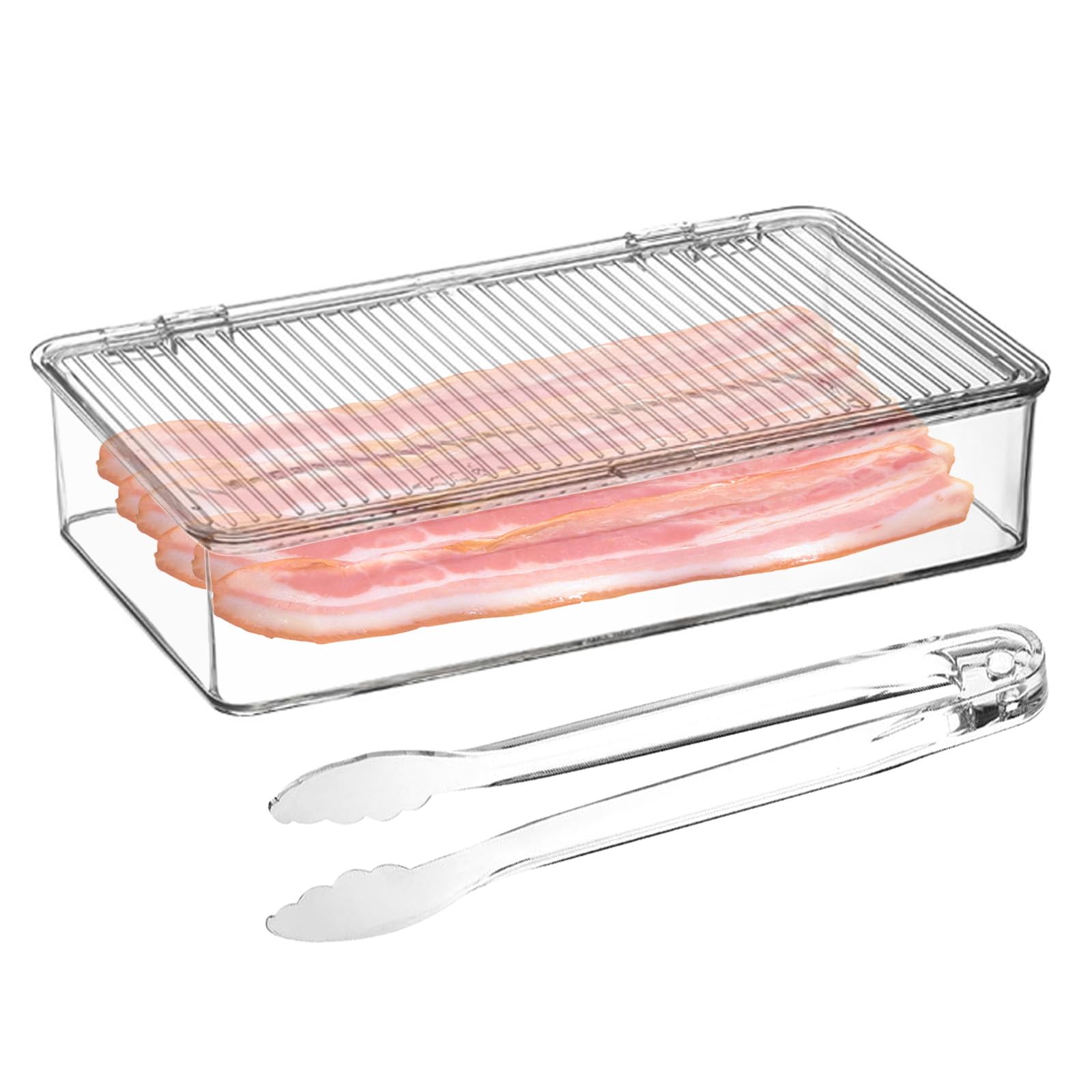 Wensdr Bacon Container with Serving Tong for refrigerator Cheese Storage Container with Lid Large Capacity Plastic Lunch Meat Container