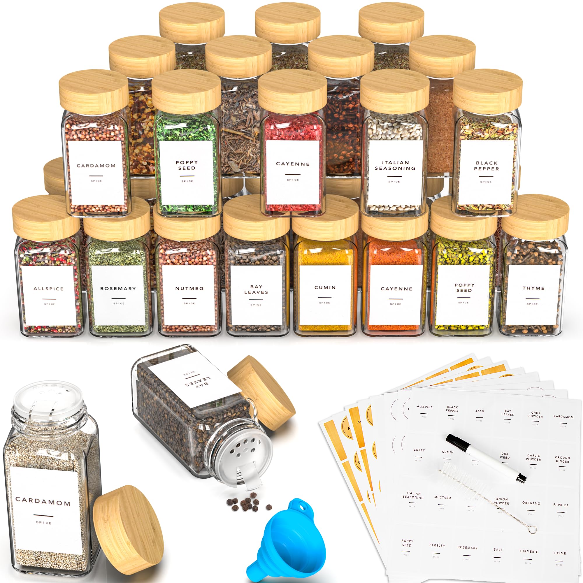 24 Glass Spice Jars with Label, Spice Jar Set with Bamboo Lids 4oz Seasoning Containers Shakers & Spice Labels, Empty Spice Bottles, Kitchen Organization Storage for Cabinet Drawer Decor Essentials