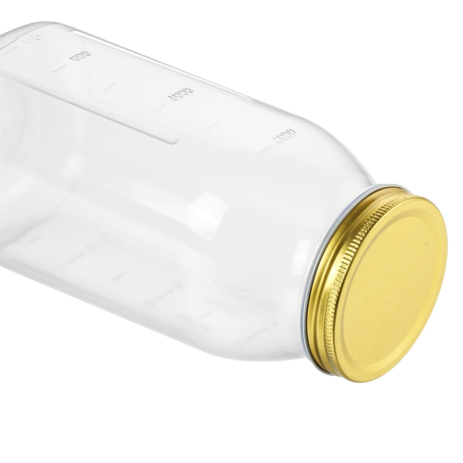 OMNISAFE 64 Ounce Clear Plastic Mason Jars With Screw On Lid, Reusable Empty Jars for Food Storage, BPA Free Containers for Sealing, Dry Food, Snacks, Candies, Breakage-proof, (Gold - 4 Pack)