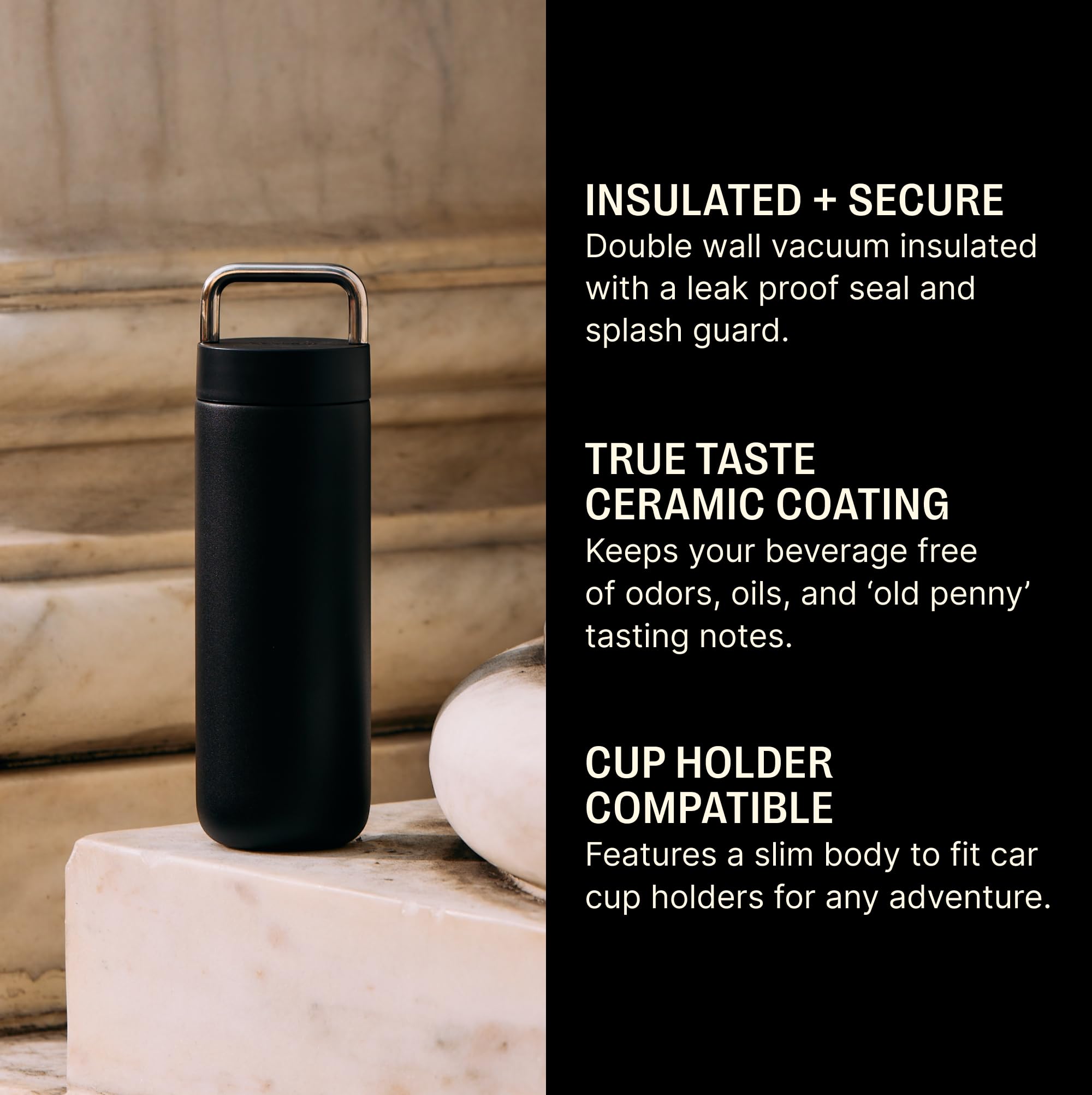 Fellow 20 oz Carter Carry Vacuum Insulated Tumbler for Water, Tea, Coffee, Smoothies, & more - Stainless Steel - Keeps Heat for 12 Hours/Stays Cold for 24 Hours-Leak-Proof Seal-Slim Width-Matte Black