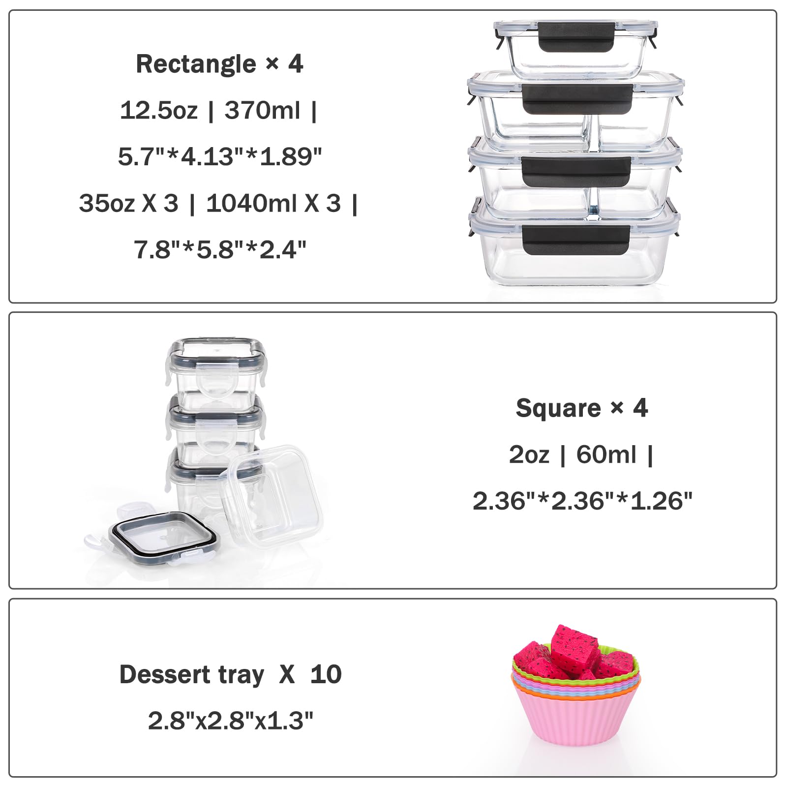 Moretoes 26Pcs (8 Food Storage Containers, 8 Lids and 10 Silicone Food Trays) Meal Prep Containers Glass Food Storage Containers with Lids, Leak-proof Sealed Storage Containers for Lunch Microwave