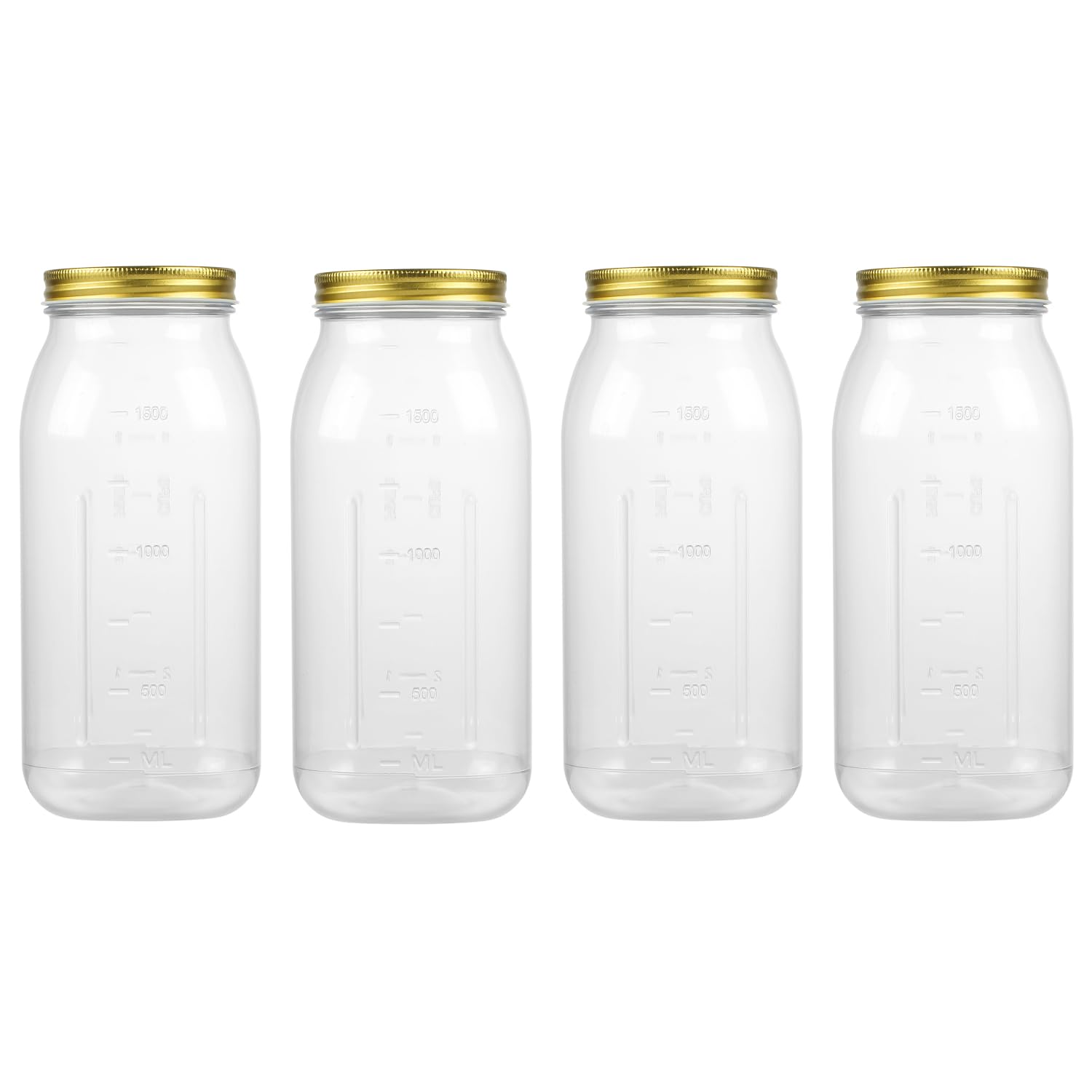 OMNISAFE 64 Ounce Clear Plastic Mason Jars With Screw On Lid, Reusable Empty Jars for Food Storage, BPA Free Containers for Sealing, Dry Food, Snacks, Candies, Breakage-proof, (Gold - 4 Pack)