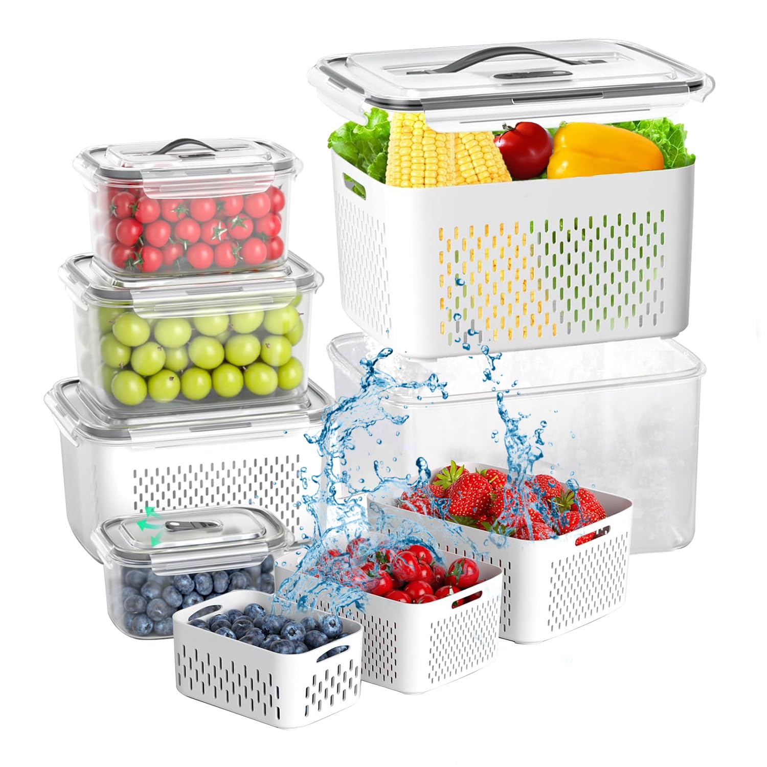 sengcou 10 PCS Fruit Storage Containers For Fridge, Produce Vegetable Saver Container with Lids Colander Vent Handle BPA-Free Large Size, Keep Fruits Veggie Food Meat Fresh