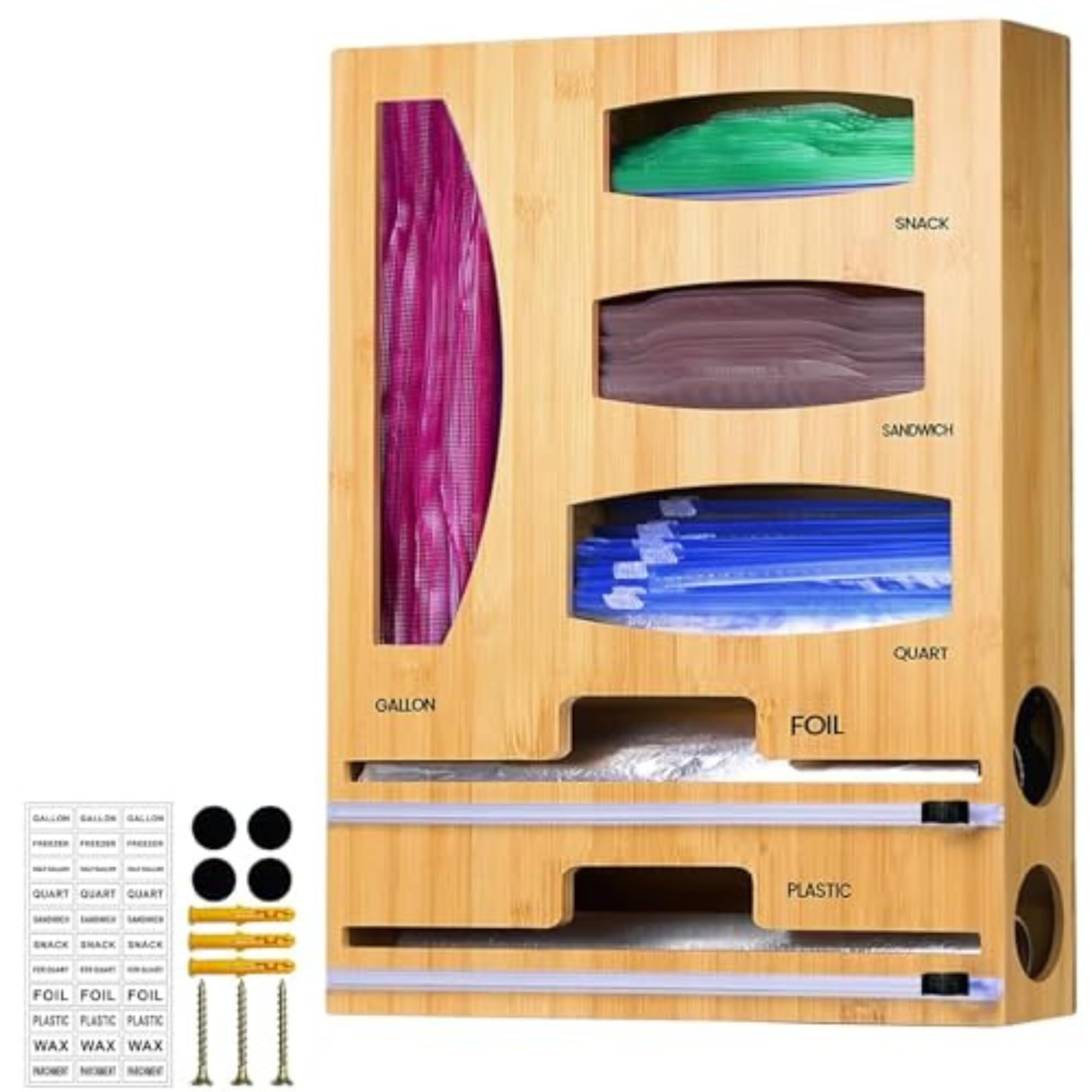 Ziplock Bag Organizer for Kitchen Drawer - 6 in 1 Wrap Dispenser with Cutter, Compatible with Gallon, Quart, Sandwich, Aluminum Foil, Plastic Wrap and Snack Foil and Baggie Storage Rack