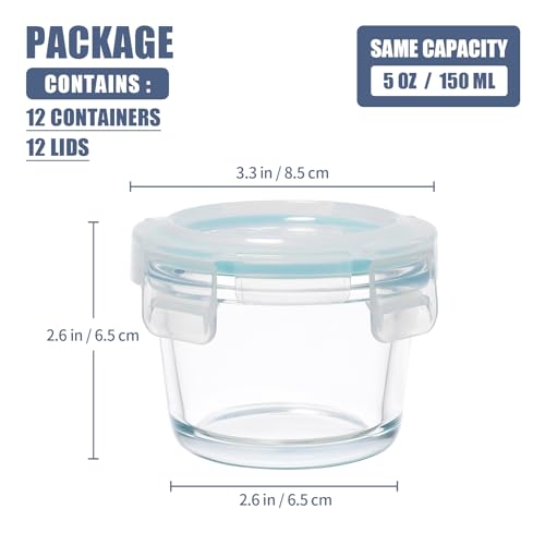 DONQQCC Small Glass Containers [12 Pack, 5oz] Reusable, Airtight, Leakproof Mini Food Storage Containers with Lids