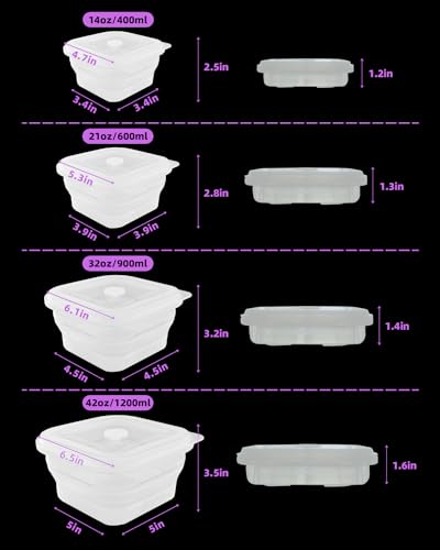 DGitaor Collapsible Silicone Food Storage Containers with BPA-Free Airtight Lids, Microwave, Dishwasher, and Freezer Safe, Stackable Foldable 4 Packs