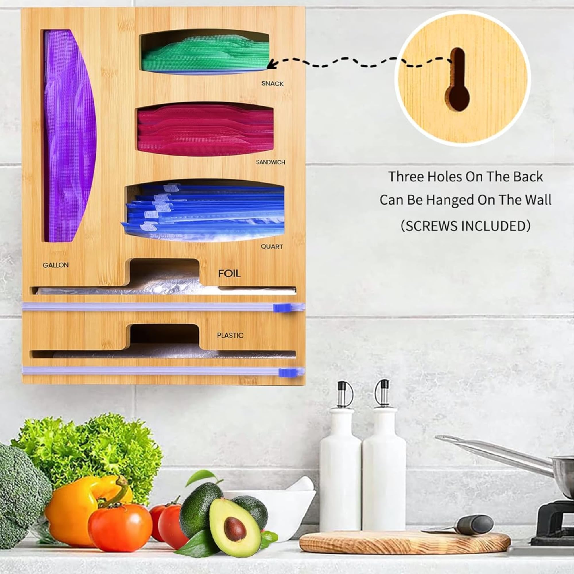Ziplock Bag Organizer for Kitchen Drawer - 6 in 1 Wrap Dispenser with Cutter, Compatible with Gallon, Quart, Sandwich, Aluminum Foil, Plastic Wrap and Snack Foil and Baggie Storage Rack