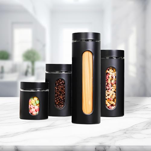 JS Gourmet 4 Pcs Stainless Steel Canisters Set for Kitchen with Glass Window and Airtight Lid, Perfect for Storing Coffee, Spaghetti, Sugar, Beans and Dry Ingredients (Black)