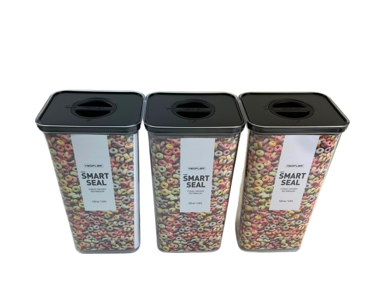 Neoflam Airtight Smart Seal Food Storage Container (Set of 3) | Crystal Clear Body, Matte Black Lid | Modular, Stackable, Nestable Design | Easy to Clean, BPA Free (Rectangle, 3,6L)