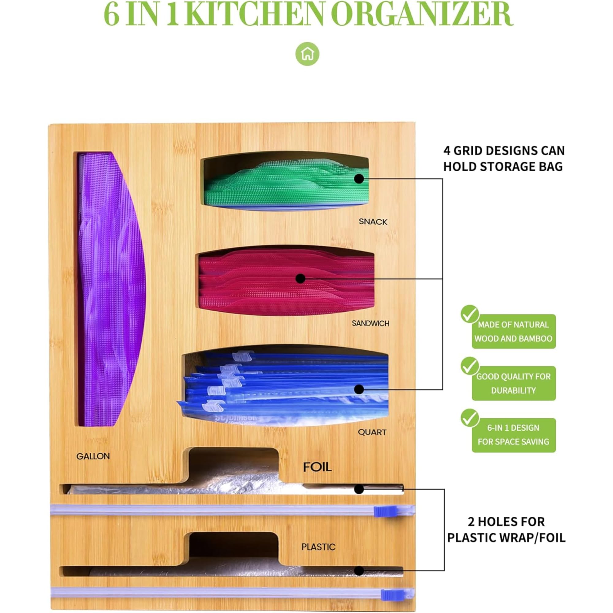 Ziplock Bag Organizer for Kitchen Drawer - 6 in 1 Wrap Dispenser with Cutter, Compatible with Gallon, Quart, Sandwich, Aluminum Foil, Plastic Wrap and Snack Foil and Baggie Storage Rack
