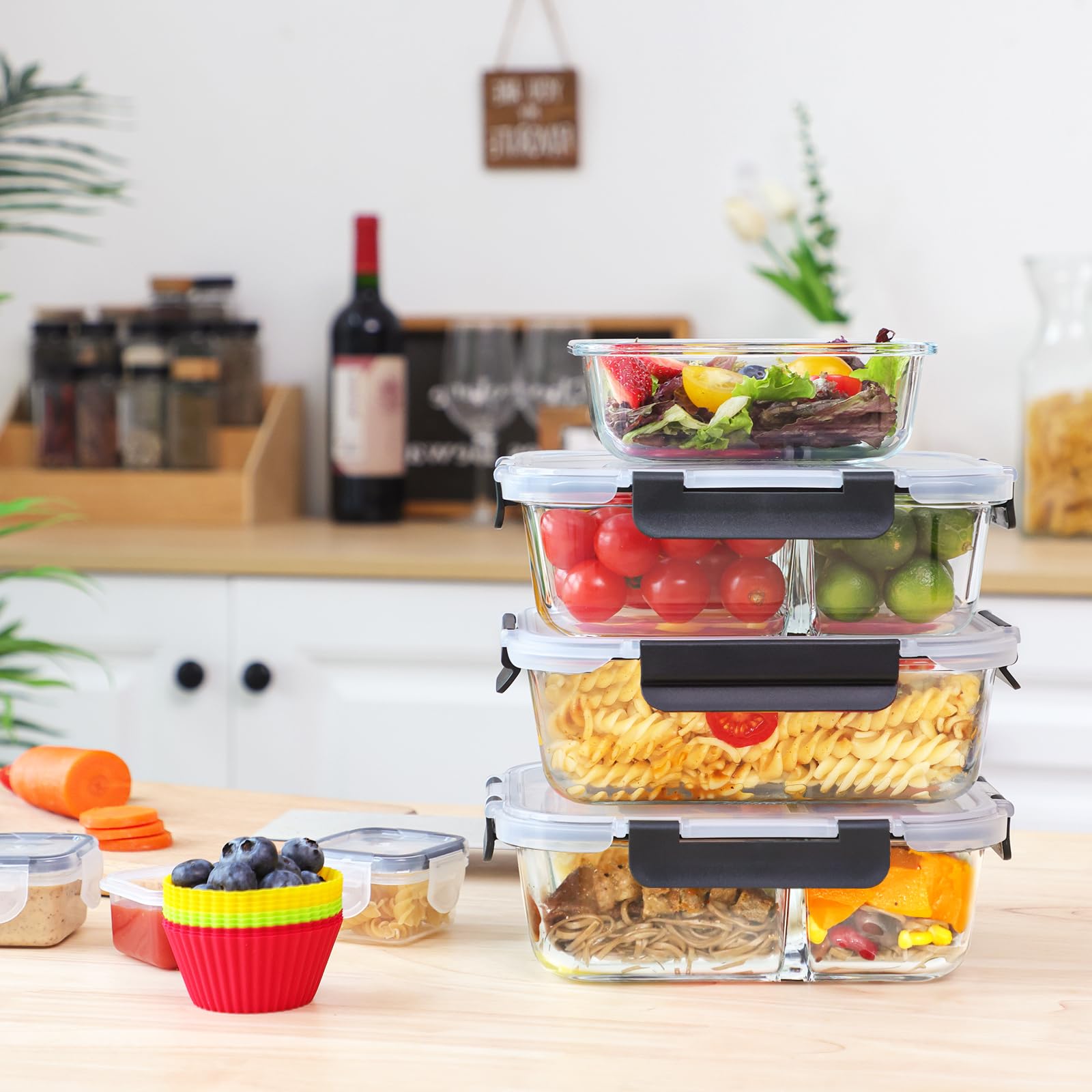 Moretoes 26Pcs (8 Food Storage Containers, 8 Lids and 10 Silicone Food Trays) Meal Prep Containers Glass Food Storage Containers with Lids, Leak-proof Sealed Storage Containers for Lunch Microwave