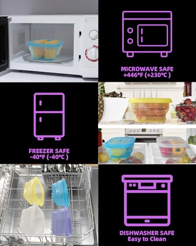DGitaor Collapsible Silicone Food Storage Containers with BPA-Free Airtight Lids, Microwave, Dishwasher, and Freezer Safe, Stackable Foldable 4 Packs