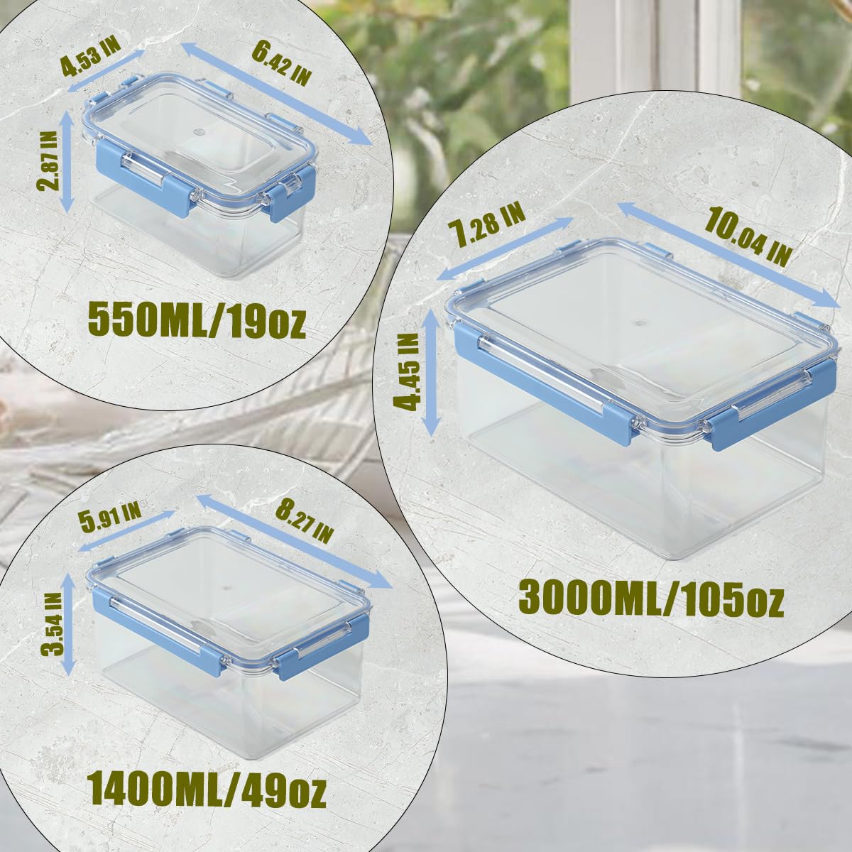 WHALEZZ 6 PCS Food Storage Containers with Lids (3 Lids & 3 Containers), Airtight Plastic Rectangle Container for Kitchen Storage Organization, Stackable Freezer Food Storage Container Set