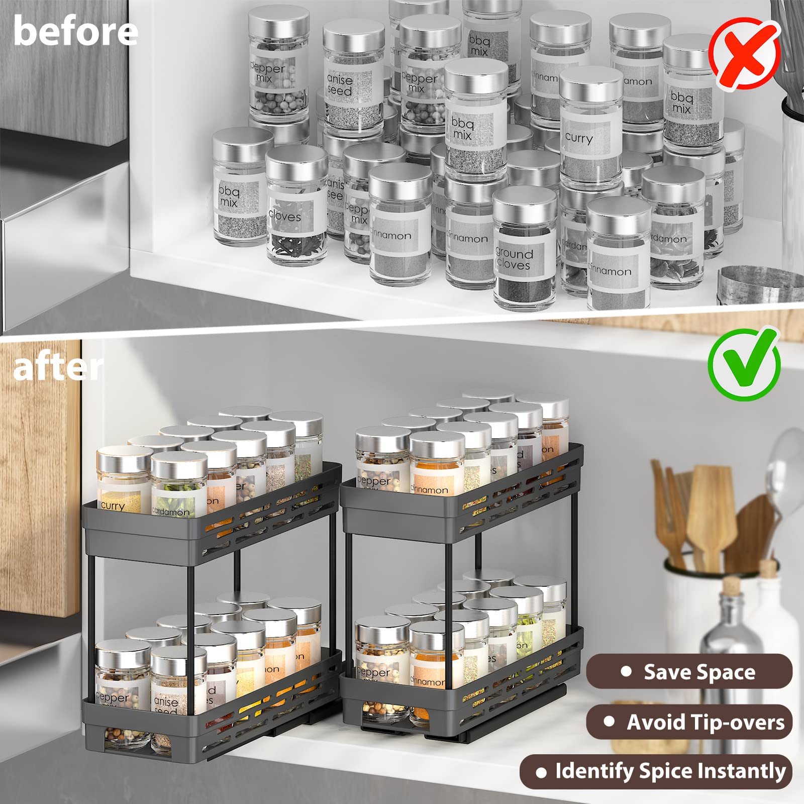 DABIGE 3 Packs Pull Out Spice Rack Organizer for Cabinet, Slide Out Spice Racks Organizer, Easy to Install Spice Cabinet Organizers, 4.33''Wx10.4''Dx8.5''H, Each Tier Hold 10 Spice Jars - 2 Tier