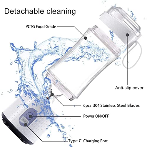 Personal Blender, Portable Blender USB Rechargeable, Linshuma Mini Blender Cup for Shakes and Smoothies, Fresh Fruit Juice Blender Bottle Electric for Travel Gym Office 6 Blades 380ML White