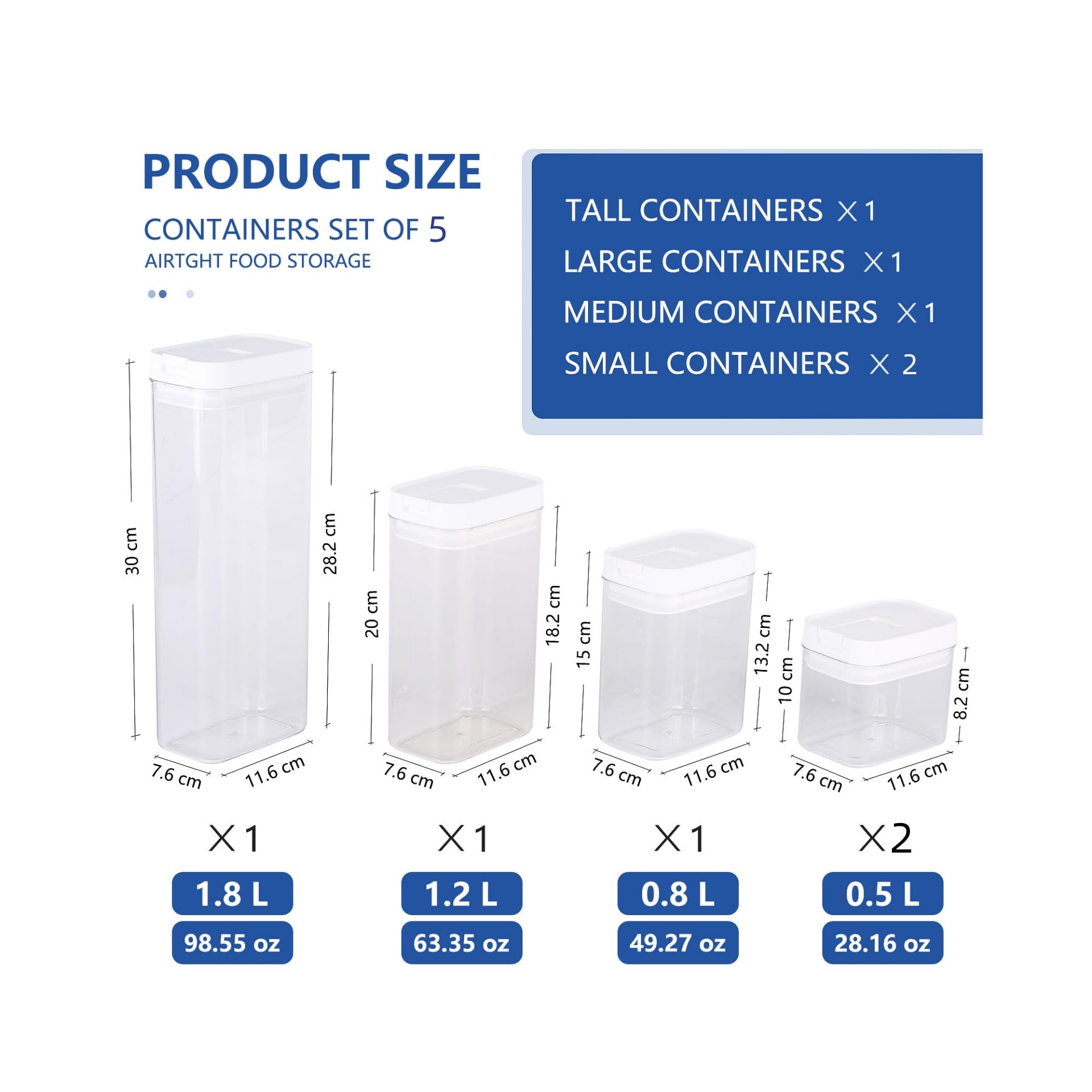 Airtight Food Storage Containers Set, 5 Pack BPA Free Plastic Cereal Containers with Easy Lock Lids, Storage Containers for Pantry Organization, Kitchen Canisters for Flour, Oats & Cereal