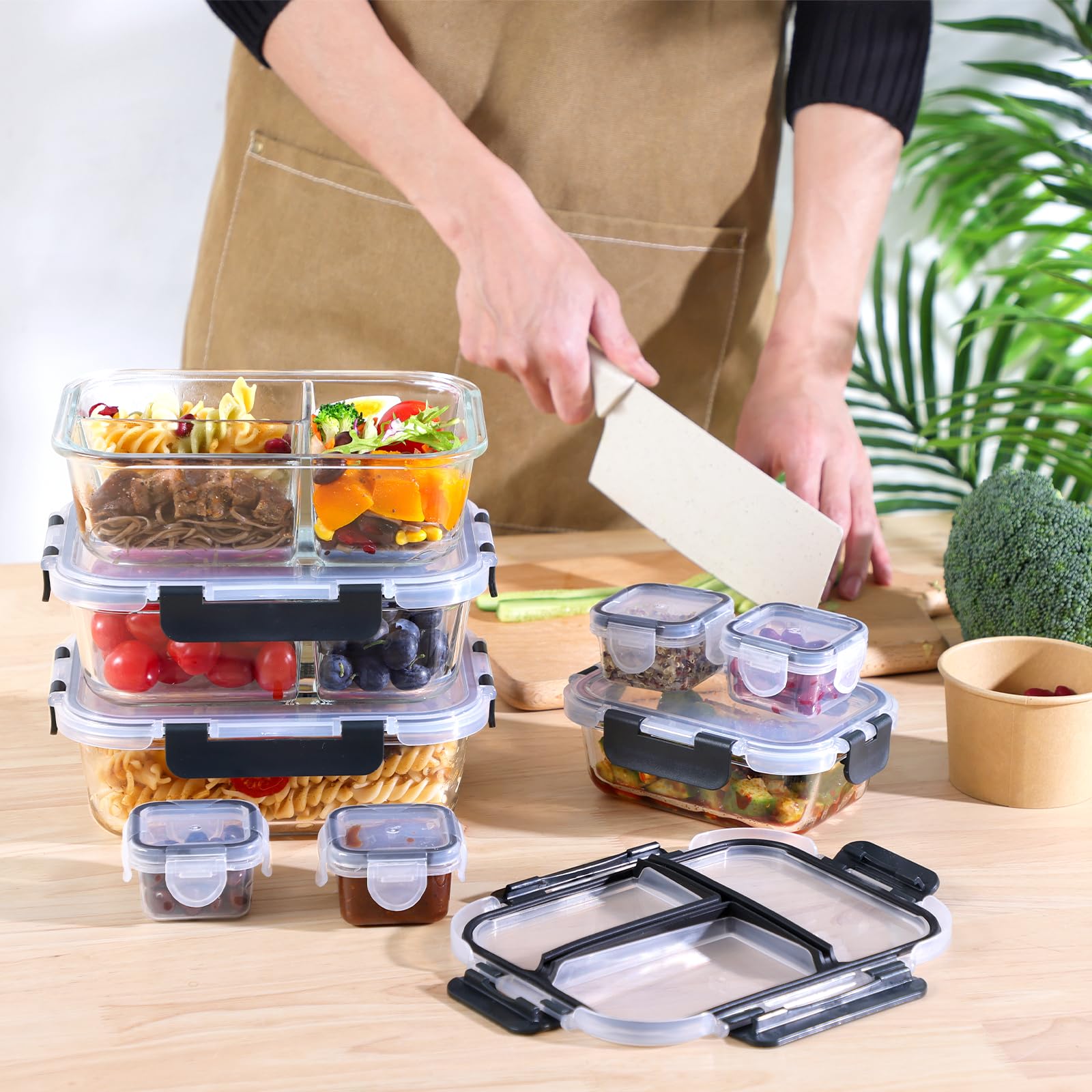 Moretoes 26Pcs (8 Food Storage Containers, 8 Lids and 10 Silicone Food Trays) Meal Prep Containers Glass Food Storage Containers with Lids, Leak-proof Sealed Storage Containers for Lunch Microwave