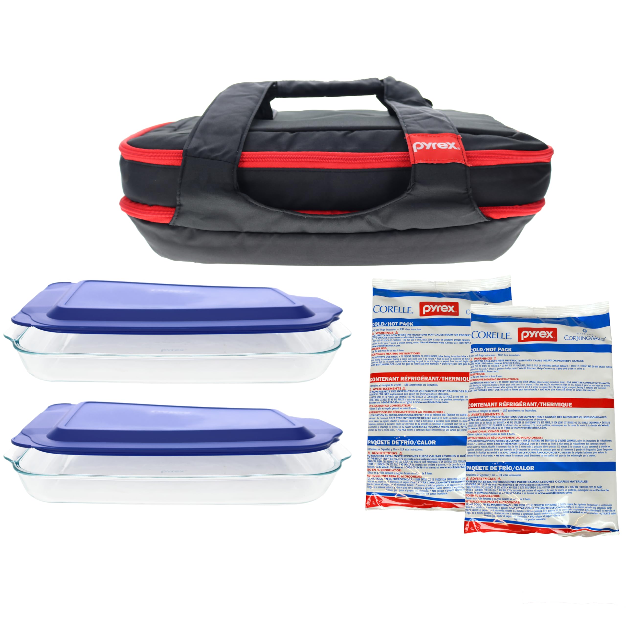 Pyrex 7-Piece Tote Bundle w/Bakeware, Lagoon Blue Lids and Hot/Cold Packs