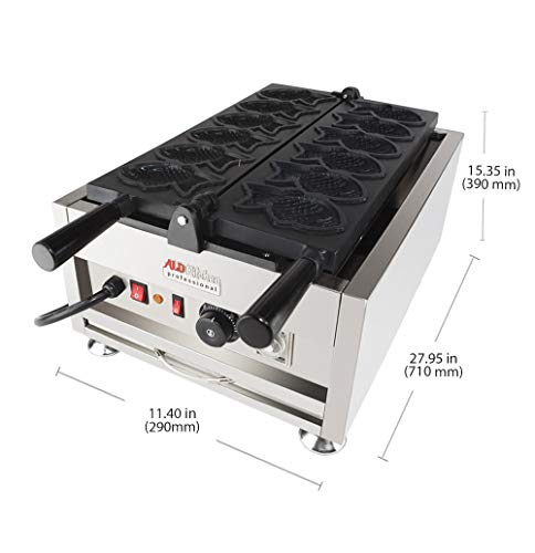 ALDKitchen Fish Shaped Taiyaki Maker | Stainless Steel Professional Taiyaki Iron with Nonstick Baking Molds | Six Fish Shaped Waffles | 110V | 3kW