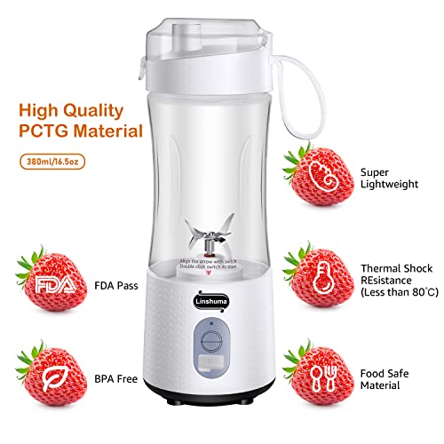 Personal Blender, Portable Blender USB Rechargeable, Linshuma Mini Blender Cup for Shakes and Smoothies, Fresh Fruit Juice Blender Bottle Electric for Travel Gym Office 6 Blades 380ML White