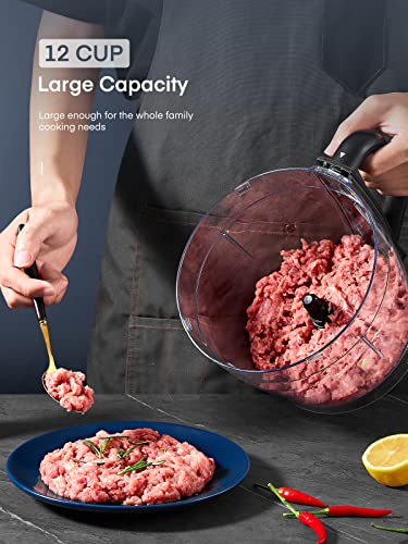 FOHERE Food Processor 12-Cup Vegetable Chopper with 3 Speeds Setting and LED light, Simple Operation for Dicing, Slicing, Shredding, Mincing, and Pureeing, 600W