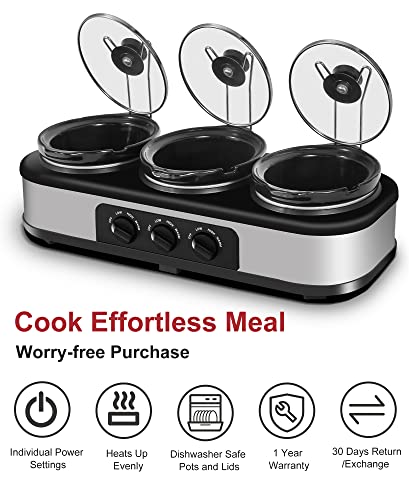 Triple Slow Cooker with Lid Rests, Breakfast Buffet Servers and Warmers with 3 X 1.5Qt, Tempered glass lids & 3 Adjustable Temp, Dishwasher Safe, Stainless Steel